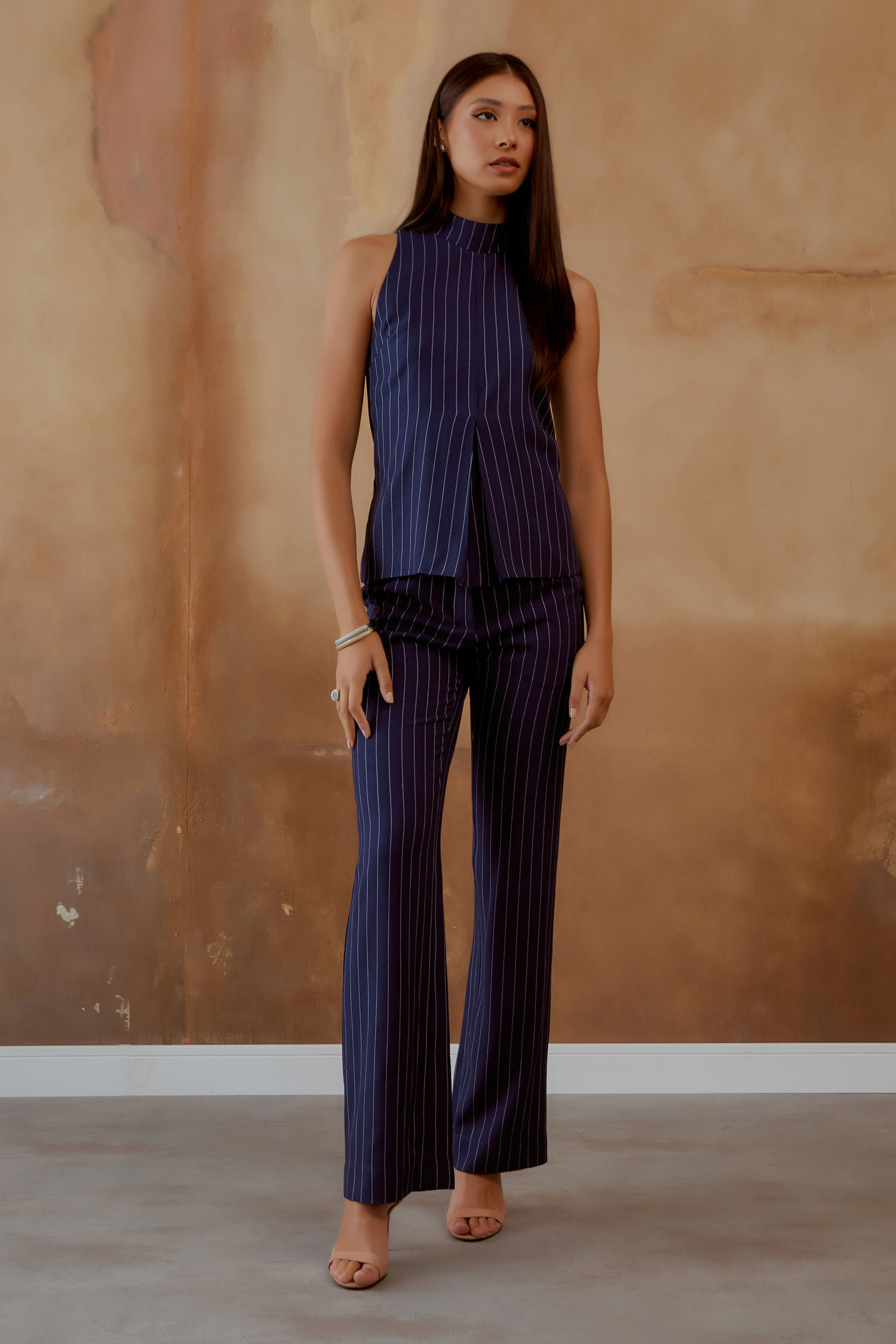 Blusa Recorte Barra Risca - Azul Eclipse