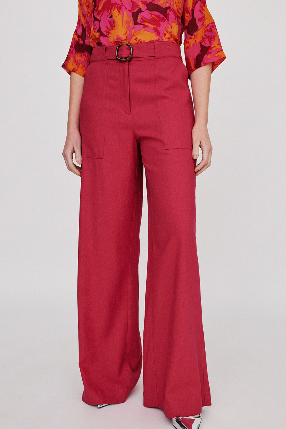 Calça linho pantalona rosa caroa