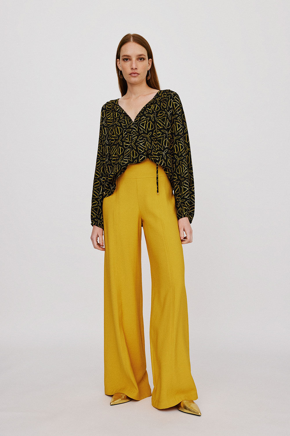 Calça cupro cós duplo amarelo abrico